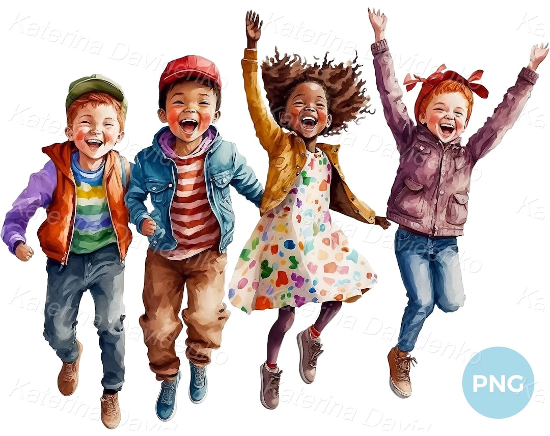 Cartoon Kids PNG Clipart. Four Cute Children Jumping With Joy, Happy ...