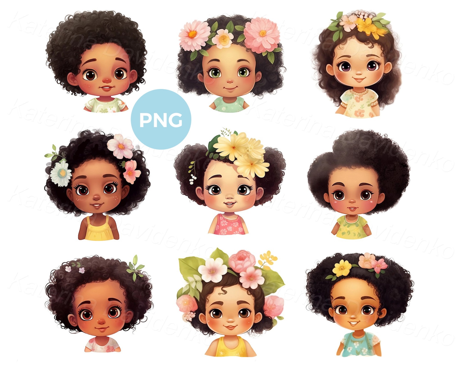 Set of Happy Children Faces, Cartoon Little Girls, Kids PNG Clipart ...