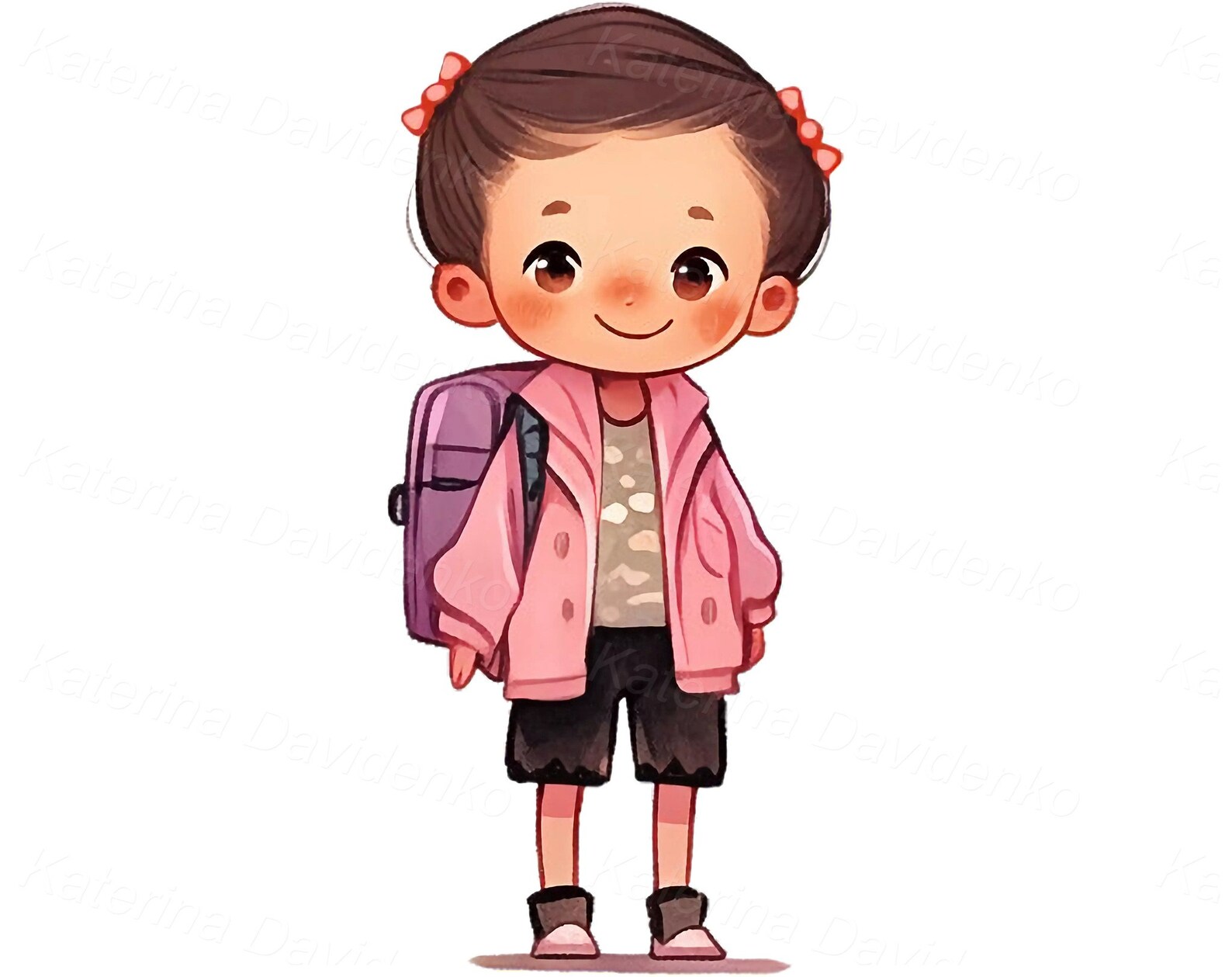 Set of Cartoon Multinational Schoolgirls With Backpacks. Cute Little ...