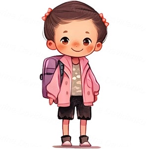 Set of Cartoon Multinational Schoolgirls With Backpacks. Cute Little ...