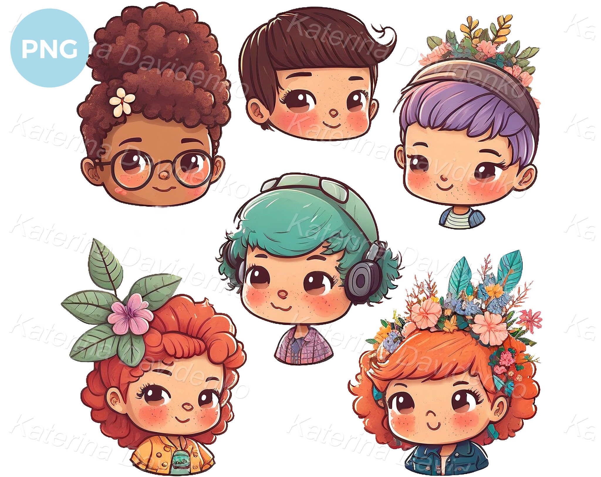 Set of Cute Cartoon Children Faces PNG Clipart. Anime Kids Clip Art ...