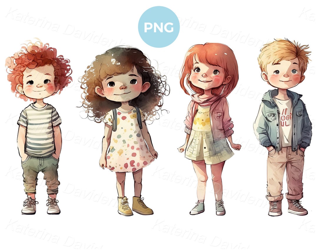 Cute Cartoon Kids With Different Hairstyles and Clothes Standing in a ...