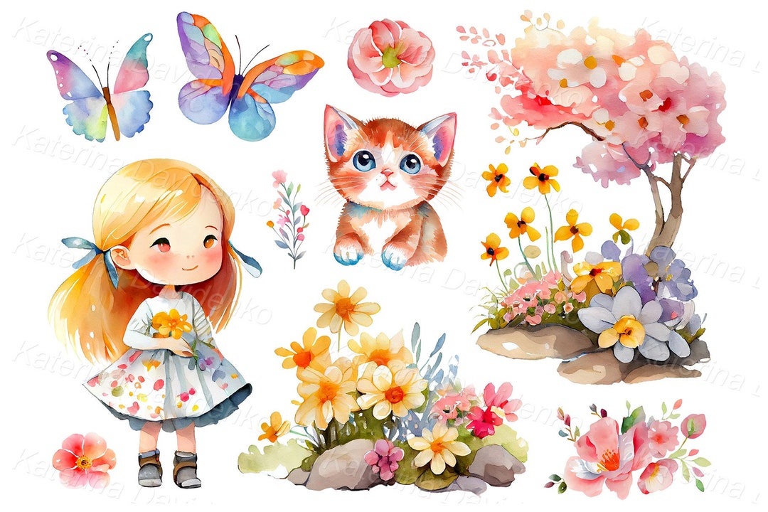 Cute Cartoon PNG Clipart Set of Little Girl, Flowers, Kitty and ...
