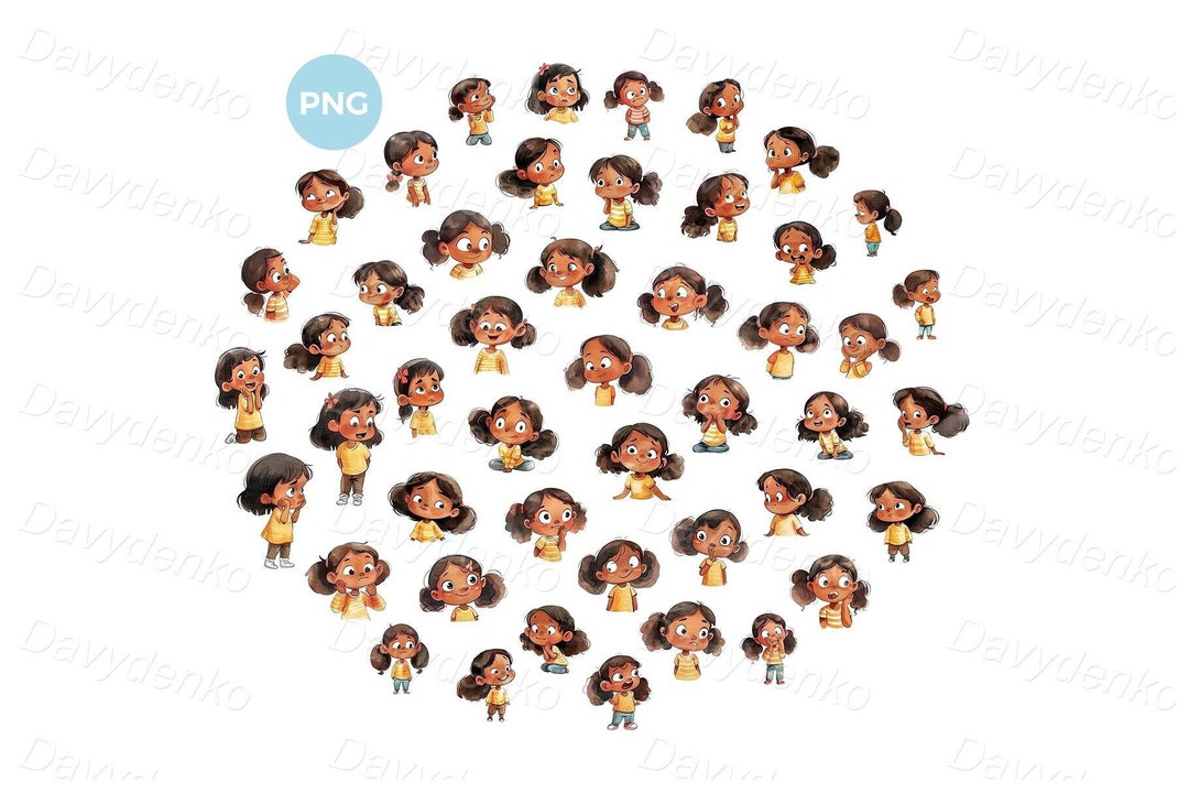 Big Set of Kids Emotions PNG Clipart Cartoon Little Girl With Different ...