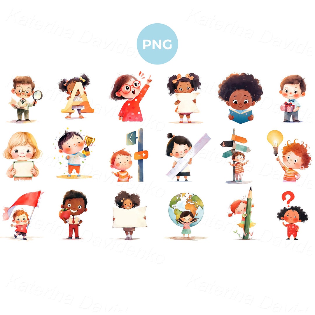 Clipart Set of Cartoon Little Children With Different Symbol Signs and ...