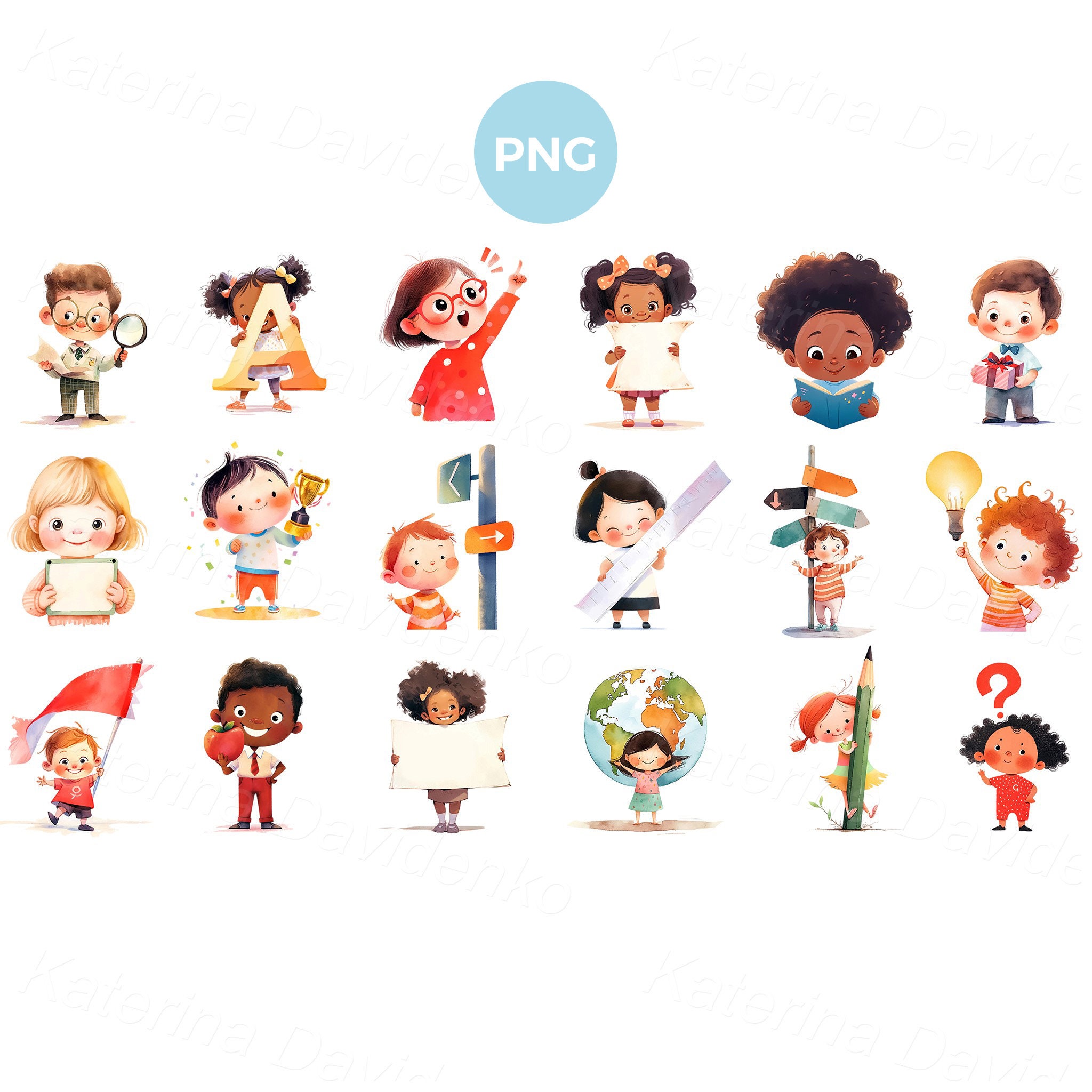 Clipart Set of Cartoon Little Children With Different Symbol Signs and ...