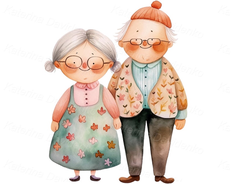 Collection of Happy Elderly Couples. Cartoon Grandparents PNG Clipart ...