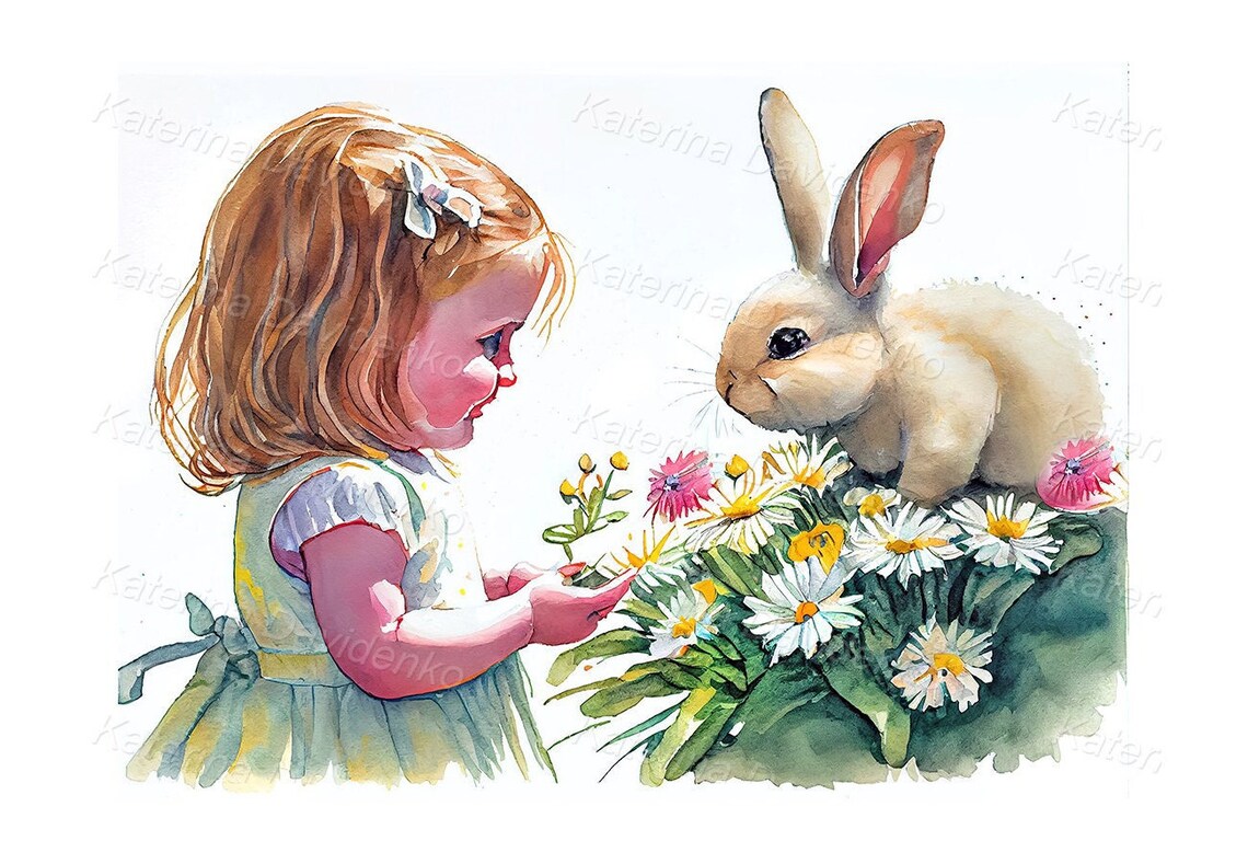 Printable Watercolor Painting Cute Little Girl With Easter Bunny and a ...
