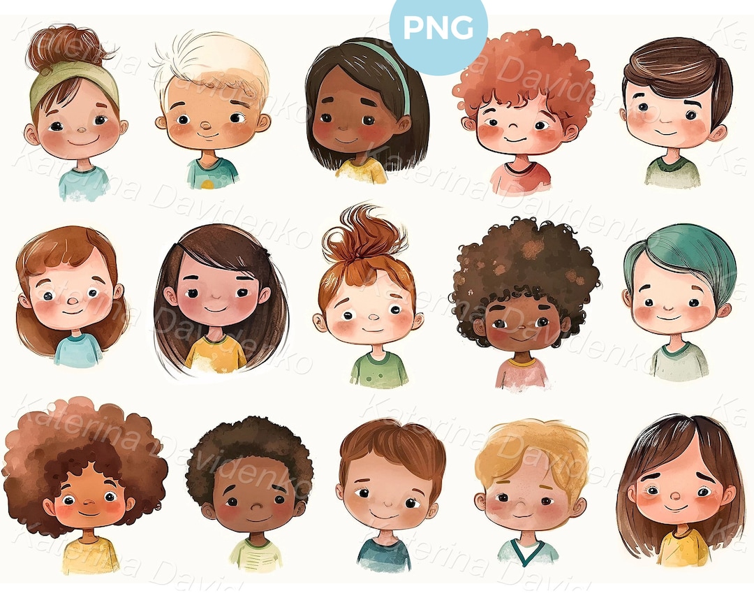 Set of Watercolor Cartoon Little Kids Heads Clipart, Multinational ...
