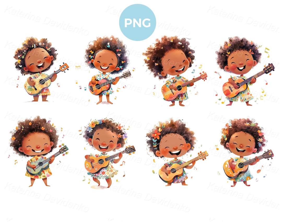 Happy Kids Musician Clipart Set. Cute Cartoon Children Playing Guitar ...