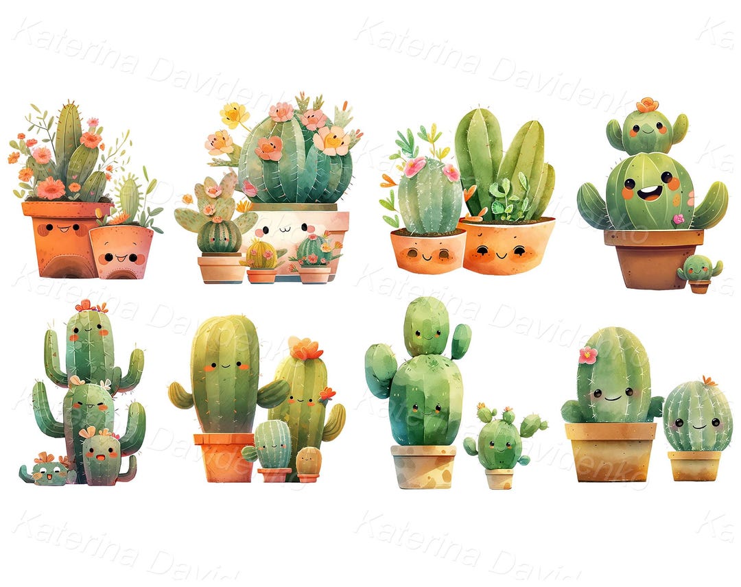 Cute Cactus Clipart PNG, Smiling Kawaii Cacti Illustration Set - Etsy