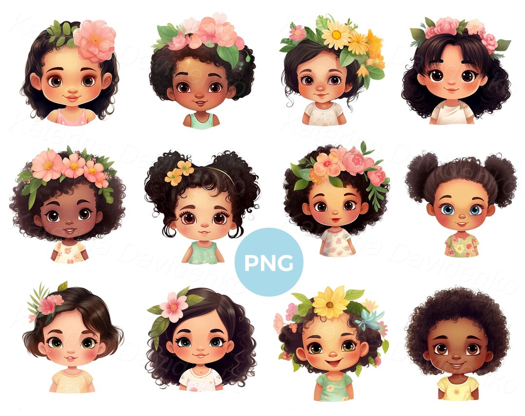 Cartoon Multi Ethnic Happy Kids Faces Clipart, Set of Little Girls ...