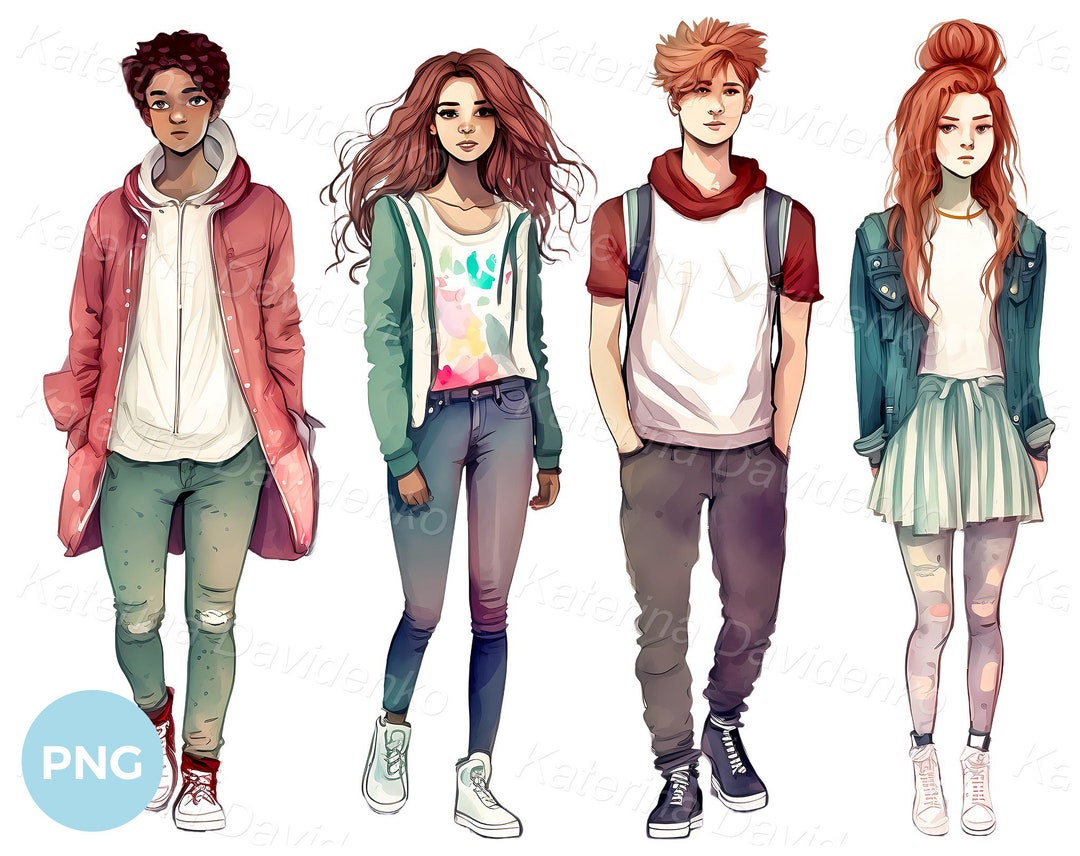 Group of Trendy Young People Standing in Row. Cartoon Teenager PNG ...