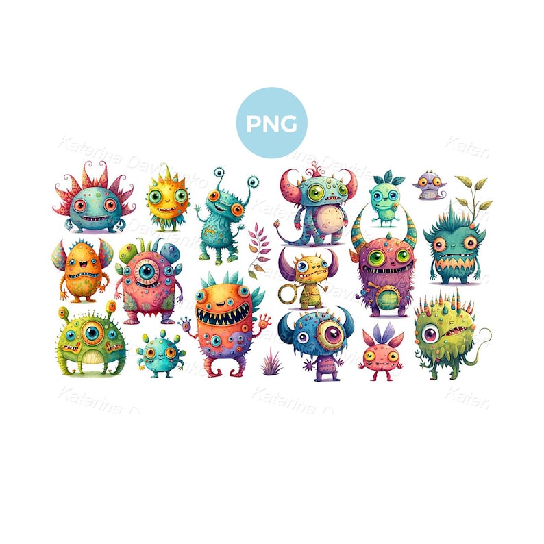 Cute Cartoon Monsters PNG Clipart Set, Watercolor Funny Kids Monsters ...