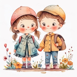 Watercolor Cartoon School Kids With Books. Children PNG Cliparts. Kids ...