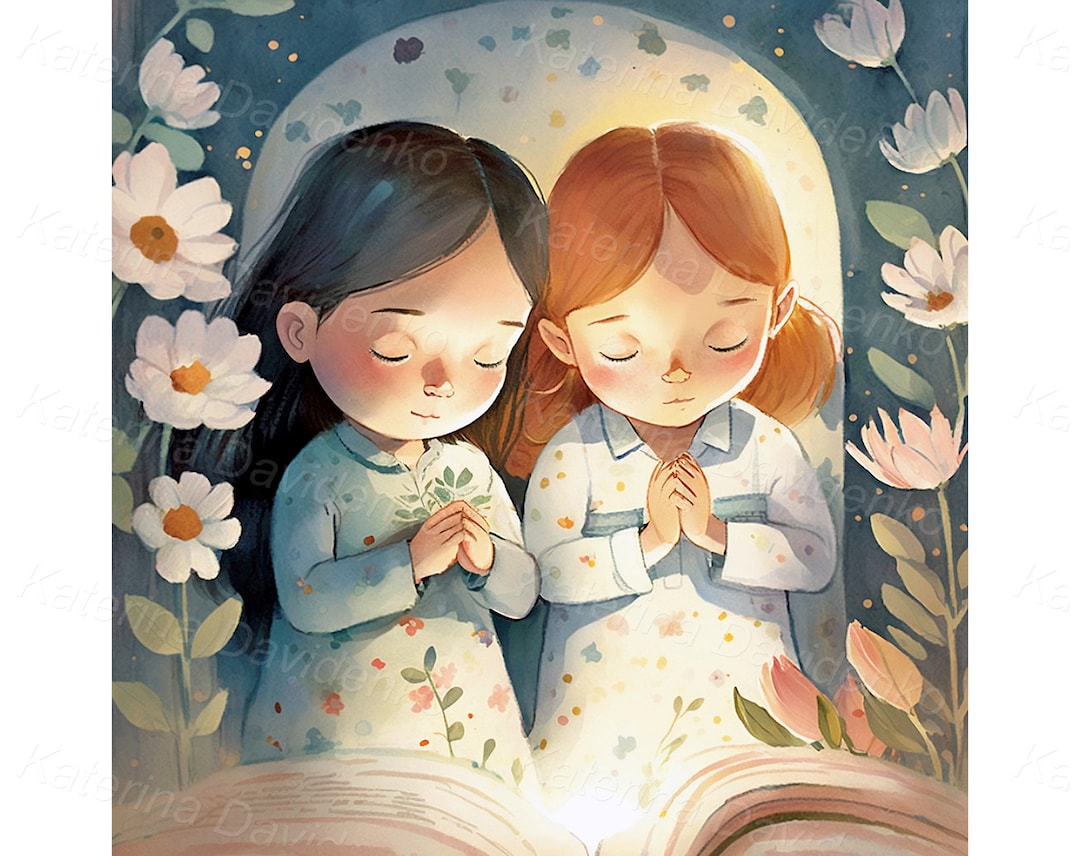 Two Cute Girls Praying Together. Children's Cartoon Watercolor ...