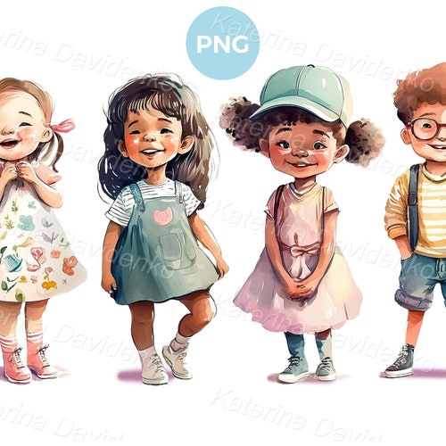 Kids PNG Clipart. Cute Little Cartoon Happy Girls and Boy - Etsy