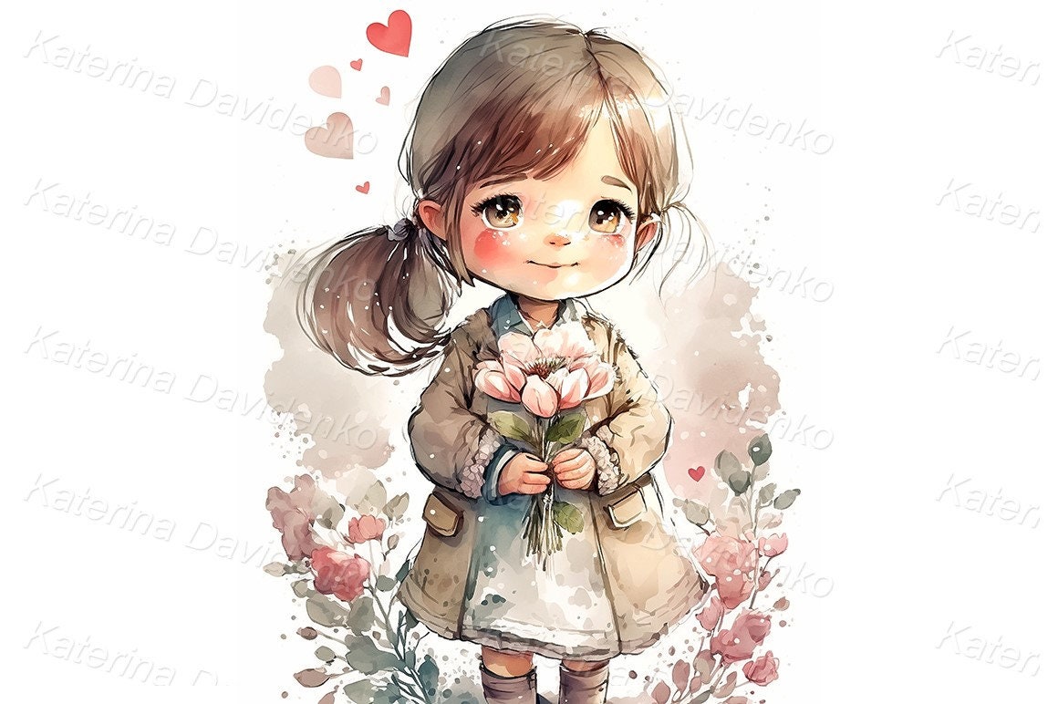 Watercolor Printable Painting. Cute Cartoon Little Girl With Bouquet of ...