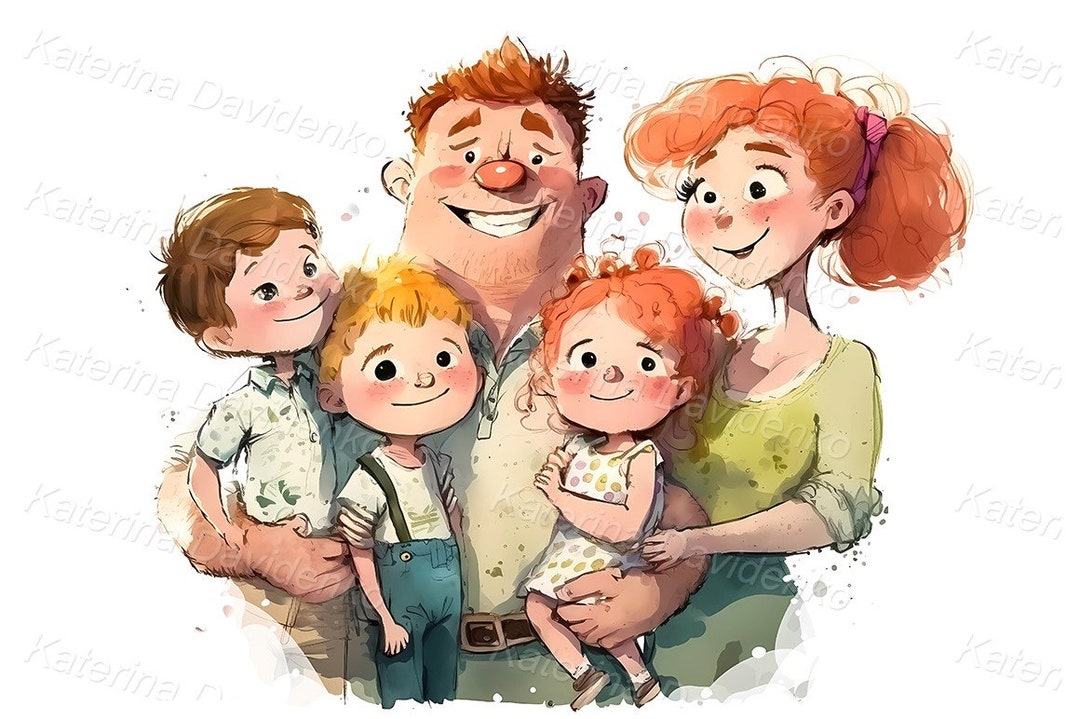 Watercolor Portrait of Happy Cartoon Big Family With Three Children ...