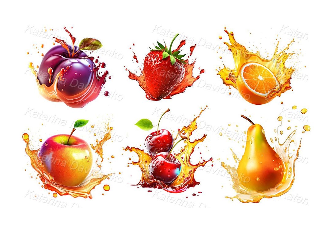 Juicy Fruit Splash Clipart, Realistic Summer Fresh Fruit PNG Set - Etsy