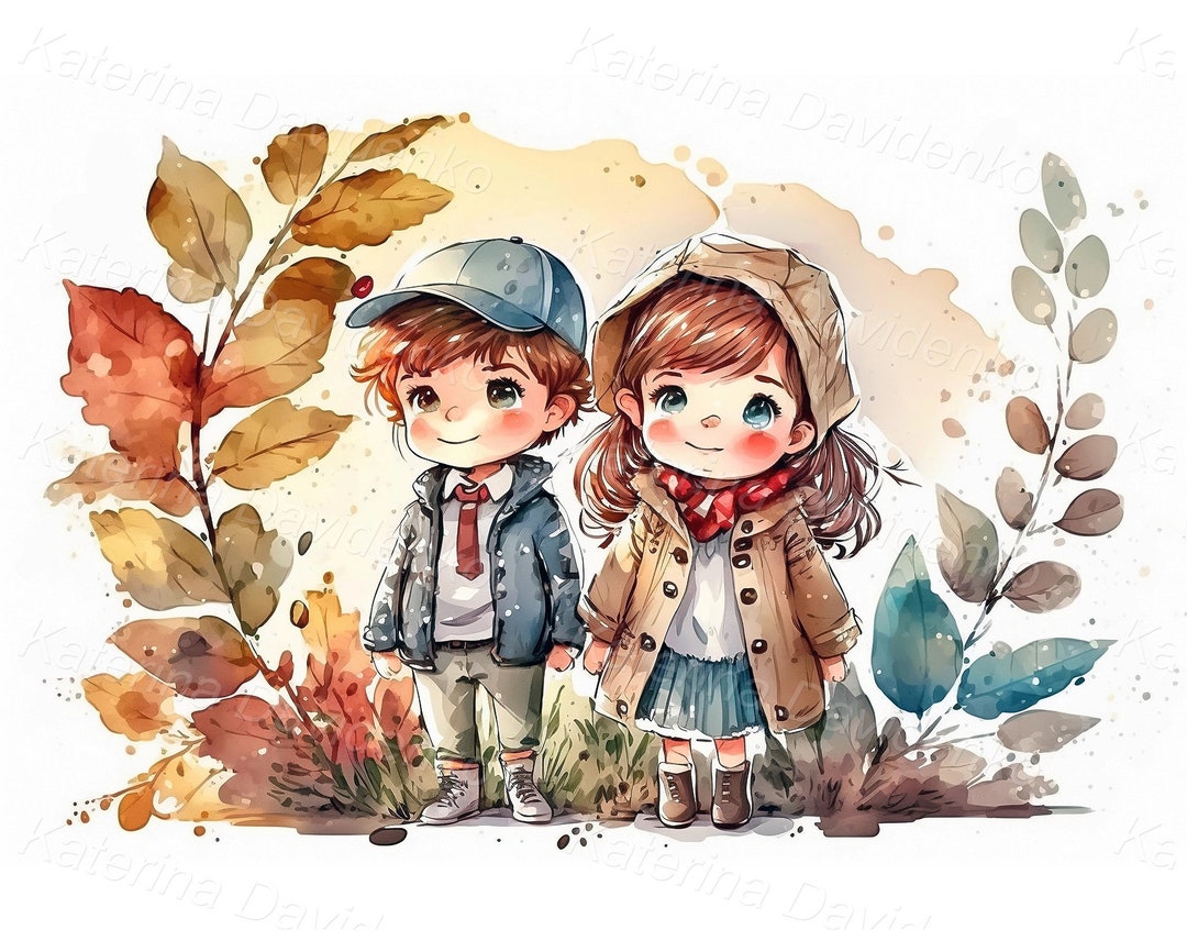 Watercolor Painting of Cute Cartoon Little Children. Kids Standing ...