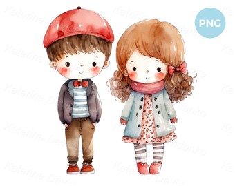 Cute Cartoon Watercolor Kids PNG Clipart Boy and Girl - Etsy