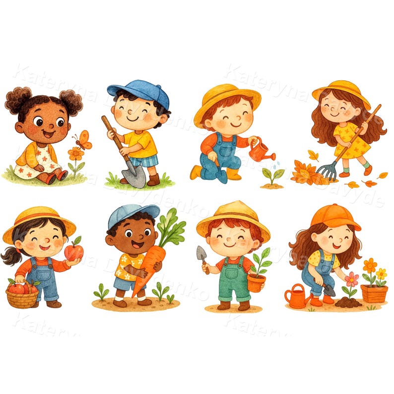 Kids Gardening Clipart, Cute Children Planting Flowers PNG - Etsy