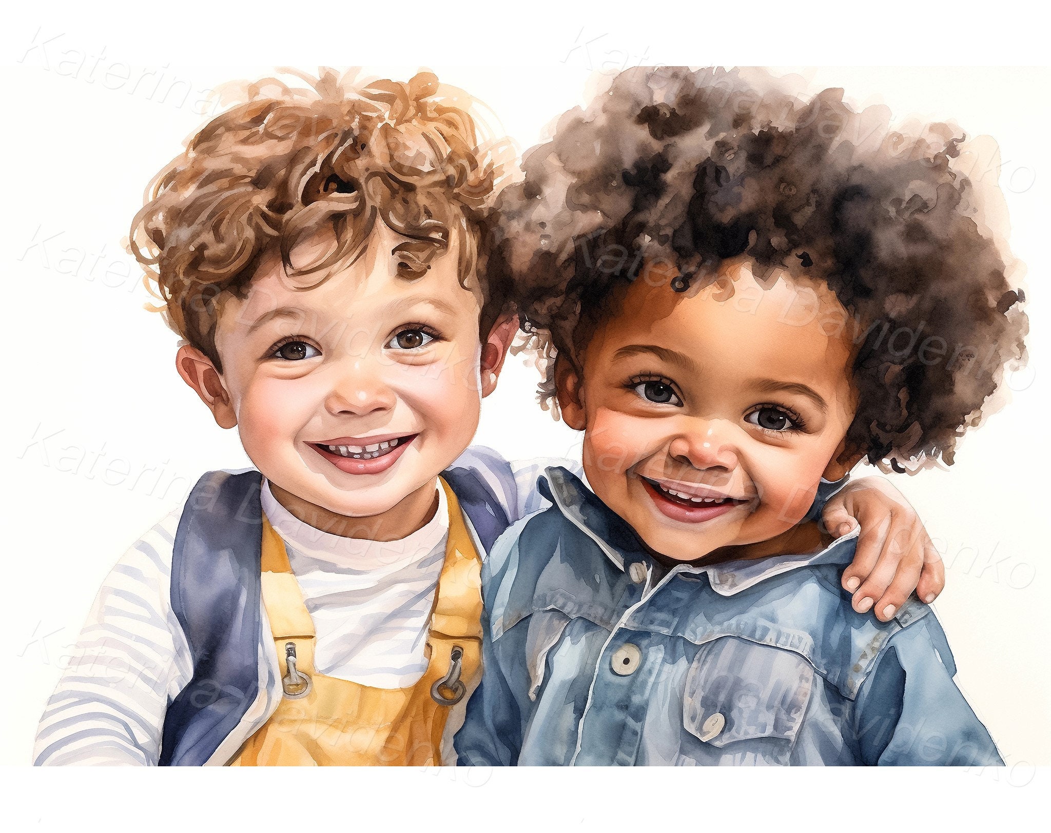 Watercolor Portrait of Two Smiling Little Children, Happy Hugging Kids ...