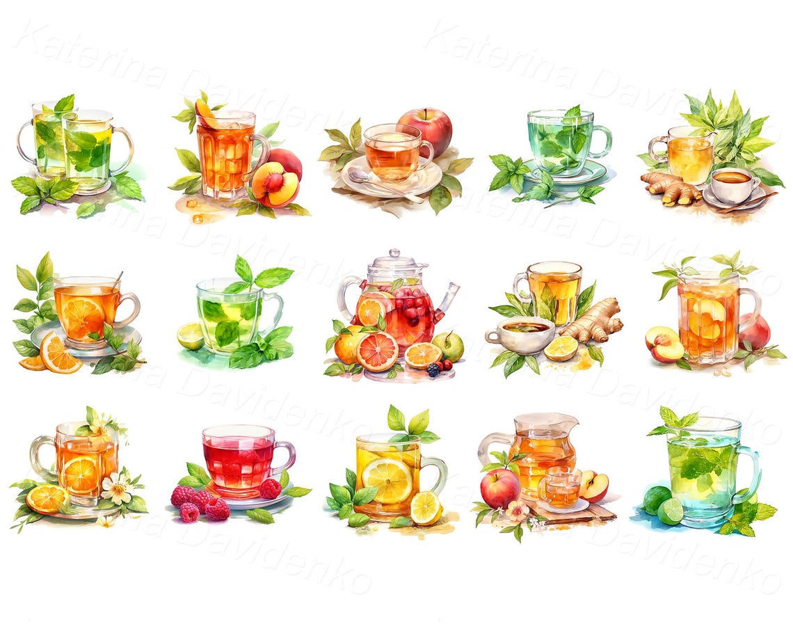 Watercolor Fruit Tea Clipart PNG, Herbal Tea Cups Set - Etsy