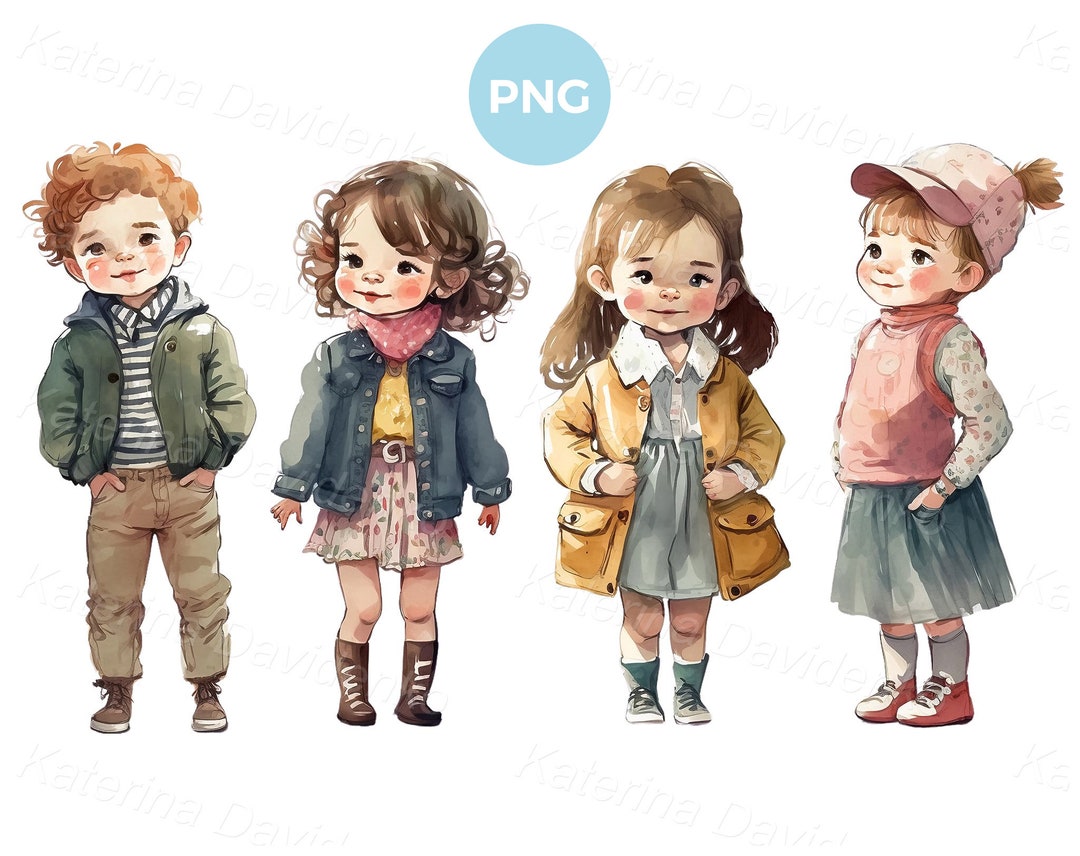 Cute Little Children PNG Clipart Set, Cartoon Boys and Girls in Autumn ...