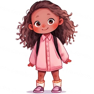 Set of Cartoon Multinational Schoolgirls With Backpacks. Cute Little ...