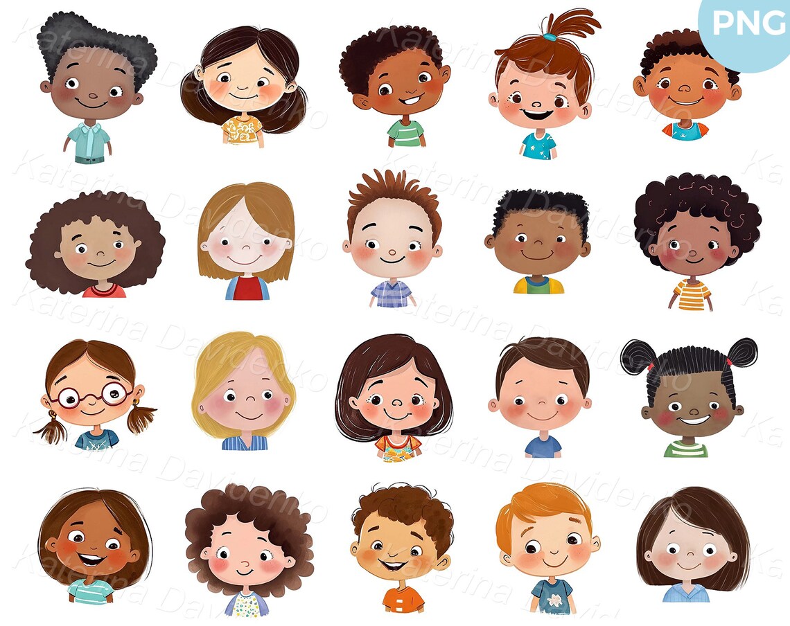 Collection of Cartoon Smiling Kids Faces PNG Clipart, Multinational ...