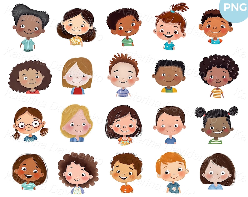 Collection of Cartoon Smiling Kids Faces PNG Clipart, Multinational ...