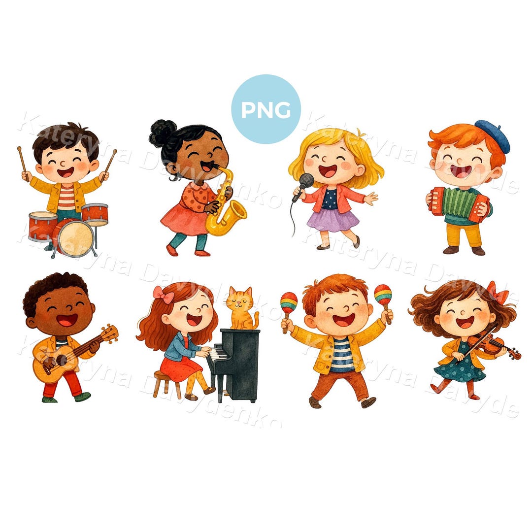 Children Creative Activities Clipart Set. Watercolor Kids Music Clipart ...