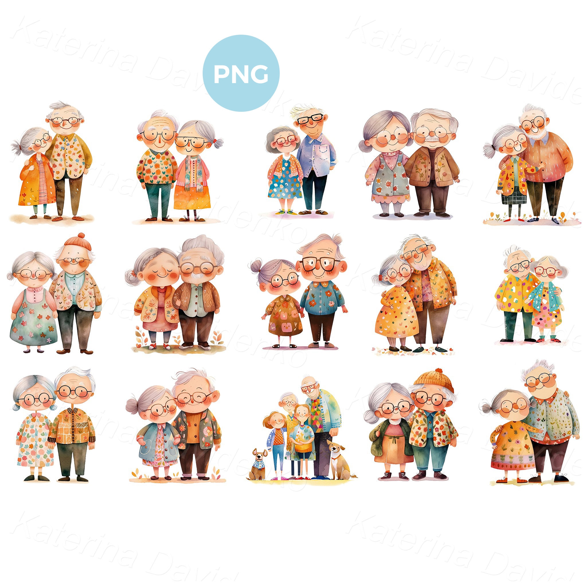 Collection of Happy Elderly Couples. Cartoon Grandparents PNG Clipart ...