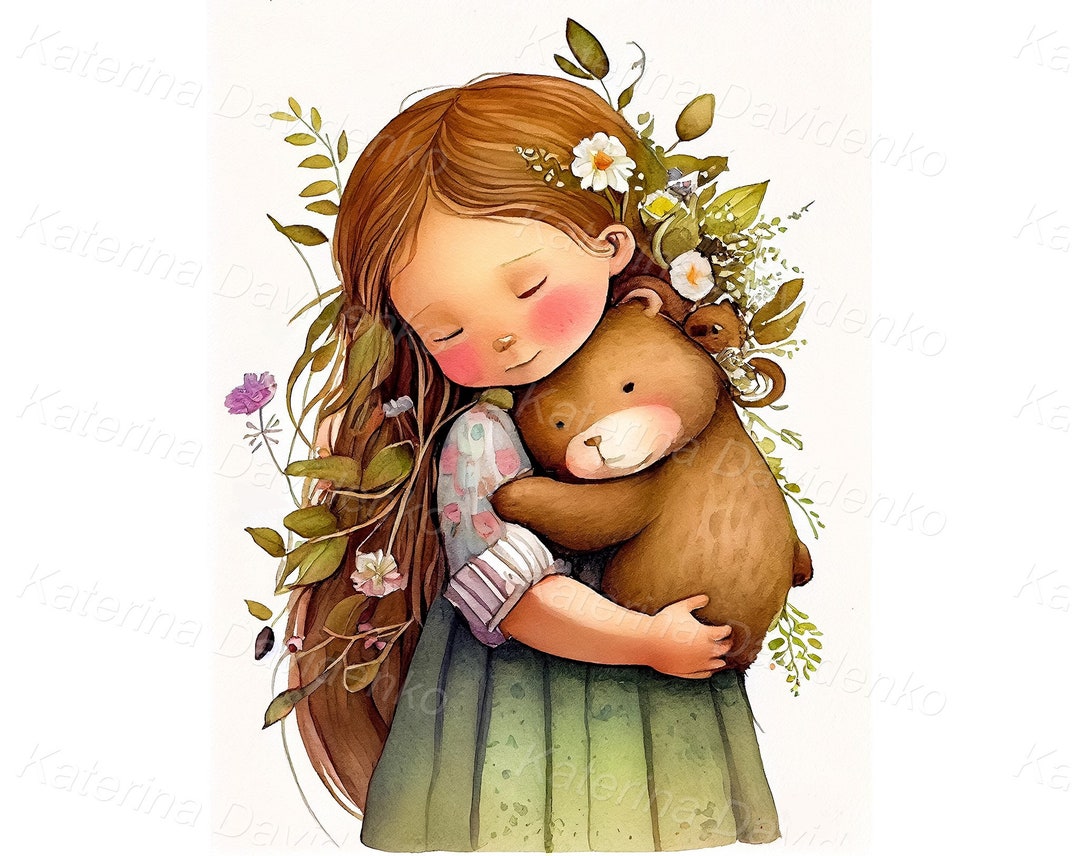 Cute Little Cartoon Girl Hugging Her Teddy Bear. Printable Watercolor ...