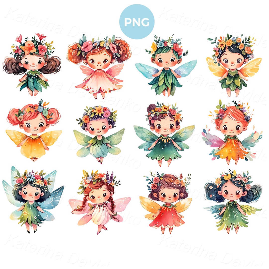 Fairy Clipart Set. Collection of Cute Cartoon Fairies With Flowers ...