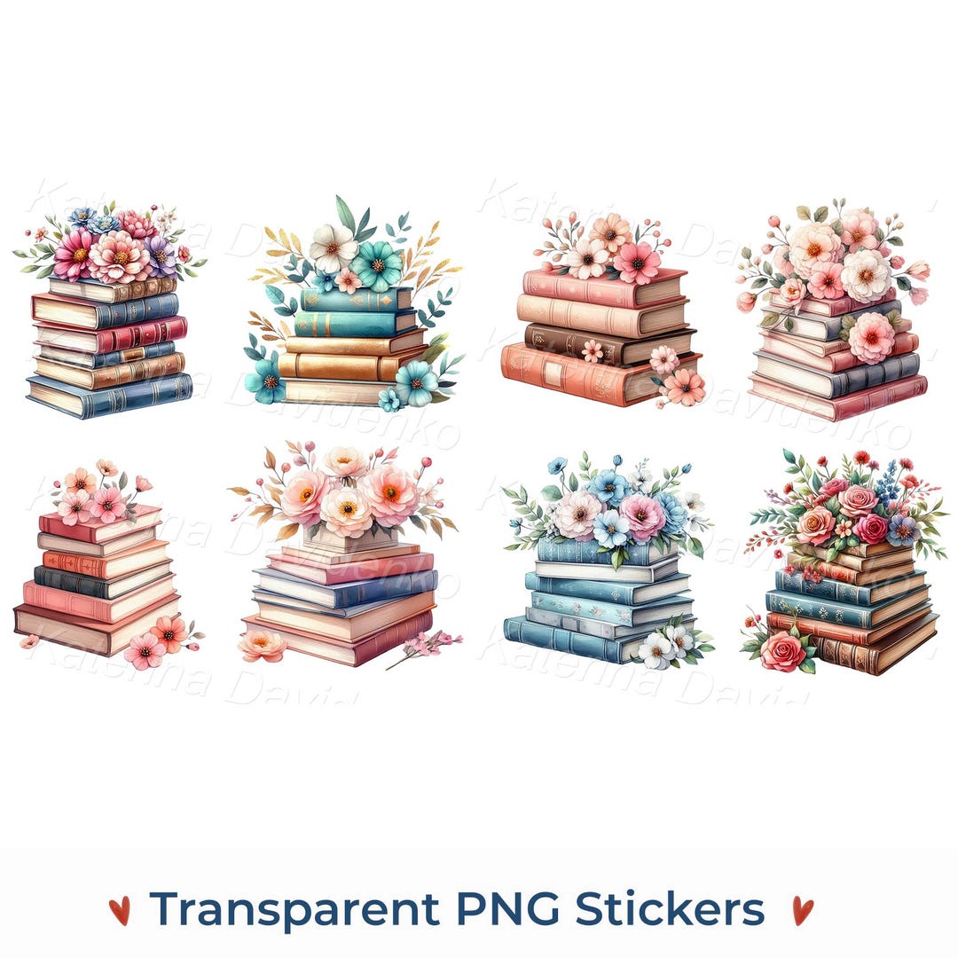 Floral Book Stack PNG Stickers, Vintage Books Clipart Set - Etsy