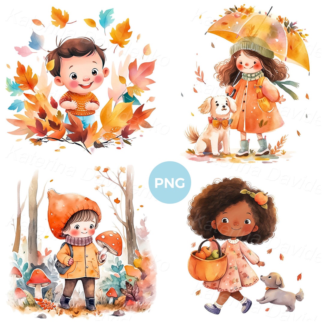 Cute Cartoon Kids PNG Clipart. Watercolor Set of Autumn Season PNG ...