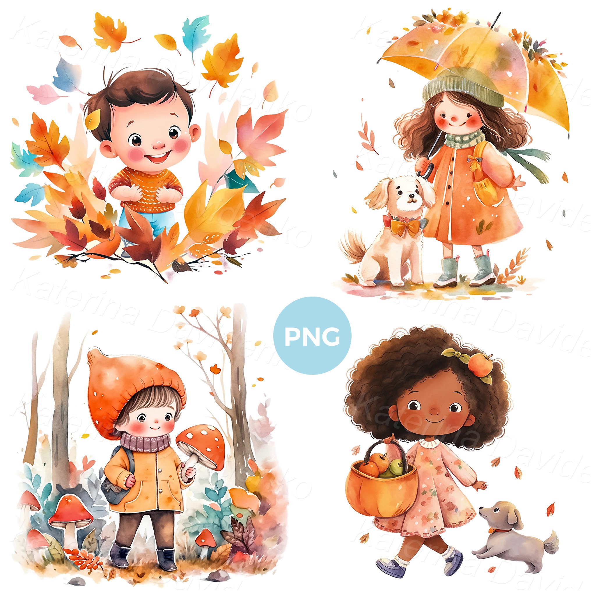 Cute Cartoon Kids PNG Clipart. Watercolor Set of Autumn Season PNG ...