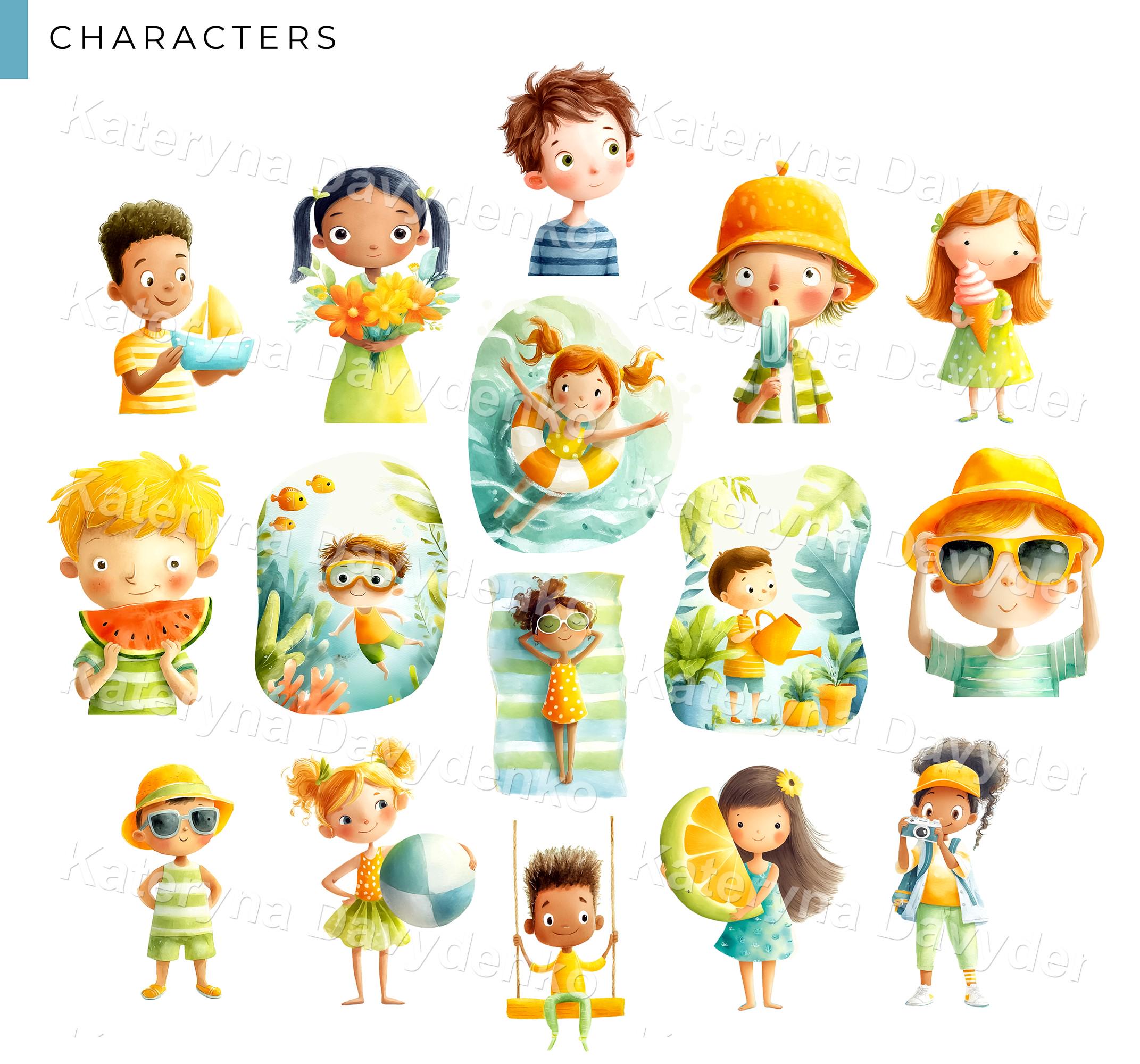 Summer Kids Clipart Bundle PNG, Characters Scenes Patterns Set - Etsy