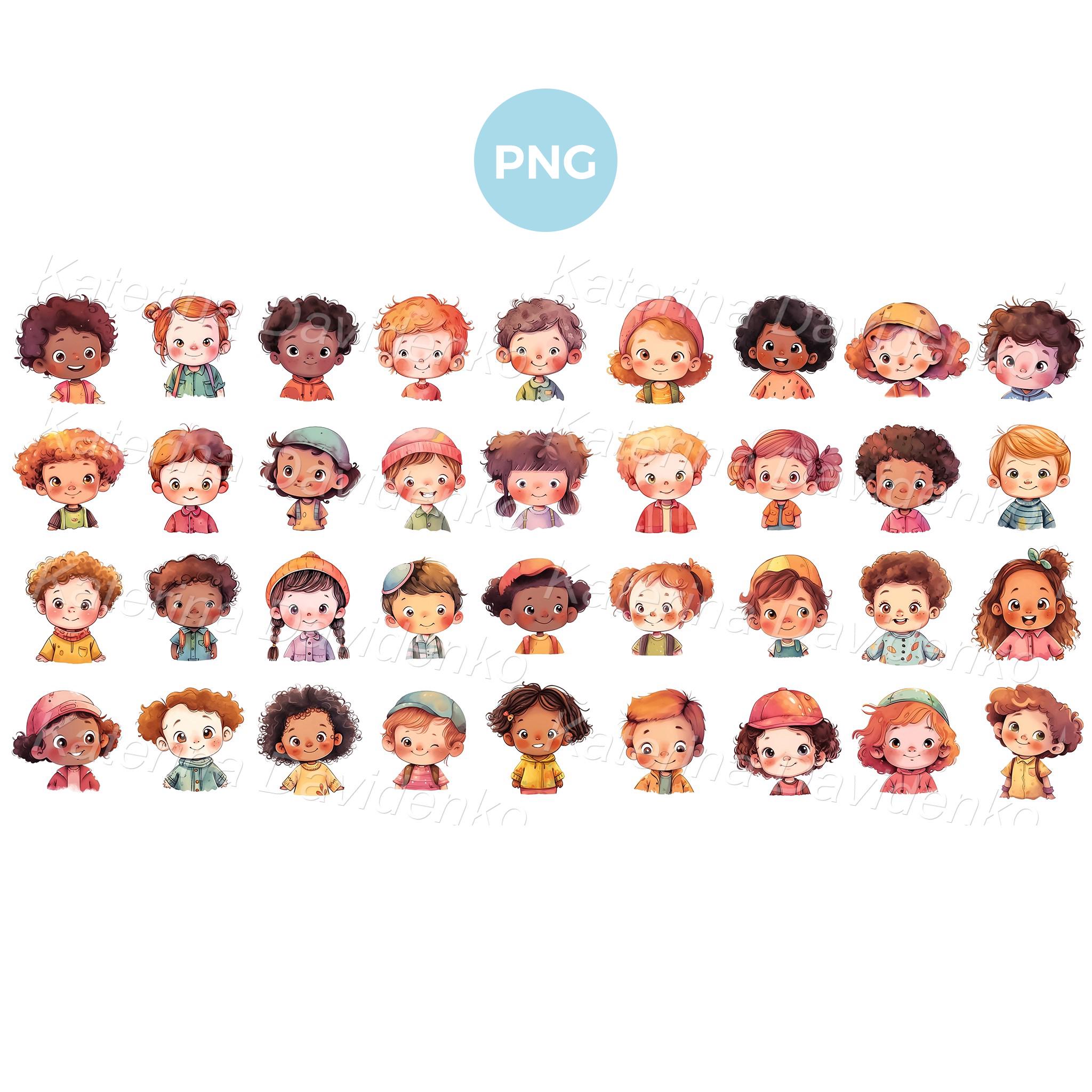 Collection of Watercolor Happy Cartoon Kids Faces PNG Clipart, Smiling ...