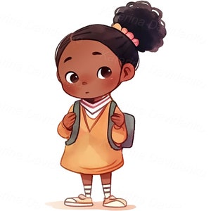 Set of Cartoon Multinational Schoolgirls With Backpacks. Cute Little ...