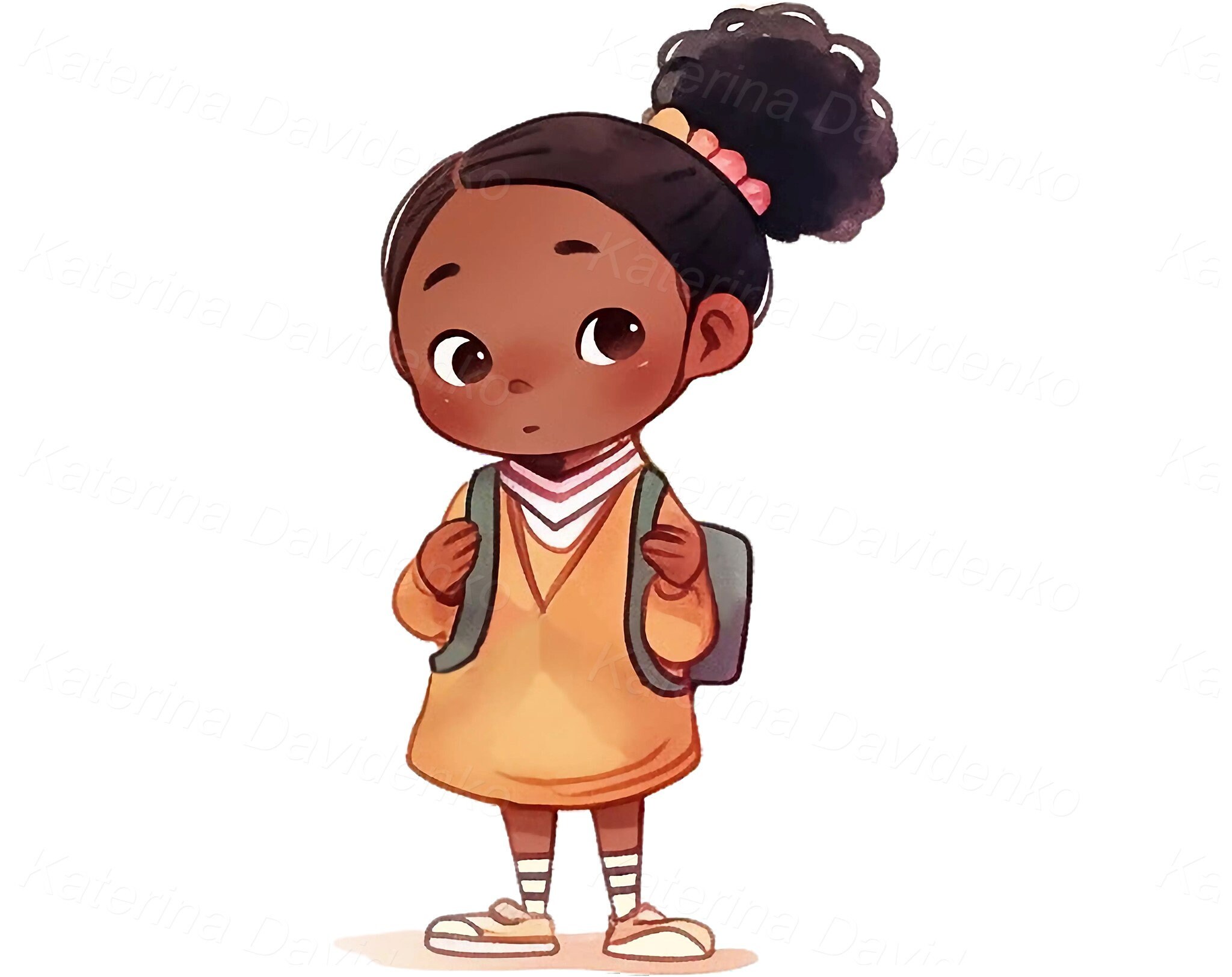 Set of Cartoon Multinational Schoolgirls With Backpacks. Cute Little ...