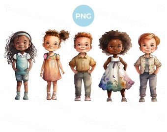 Watercolor Illustration. Cartoon Fashion Kids Standing in a - Etsy