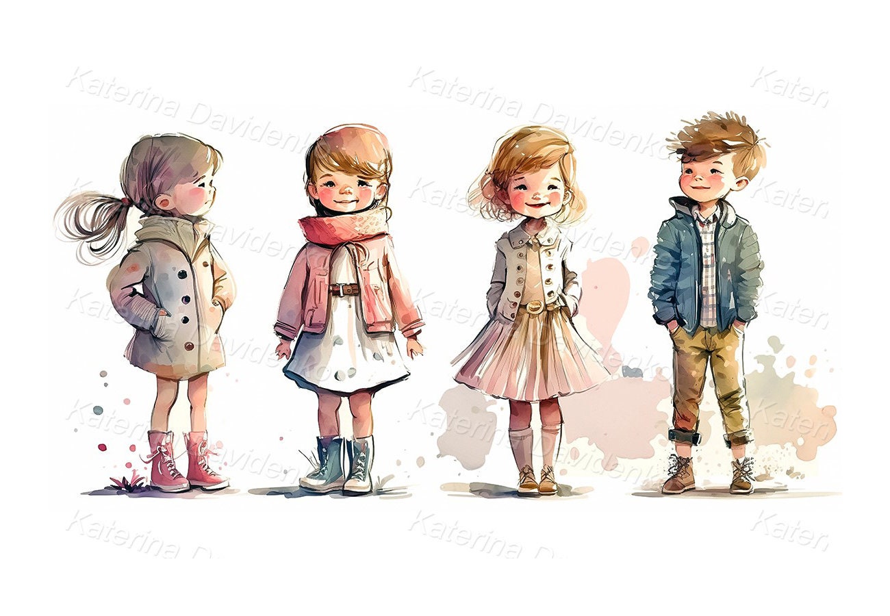 Watercolor Illustration. Cartoon Fashion Kids Standing in a - Etsy ...