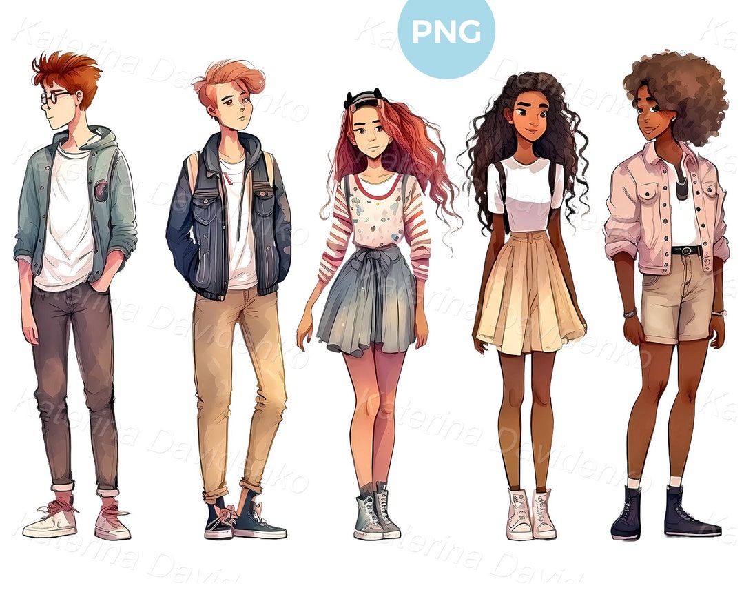 Watercolor Illustration of a Group of Fashionable Teenagers. Young Men ...