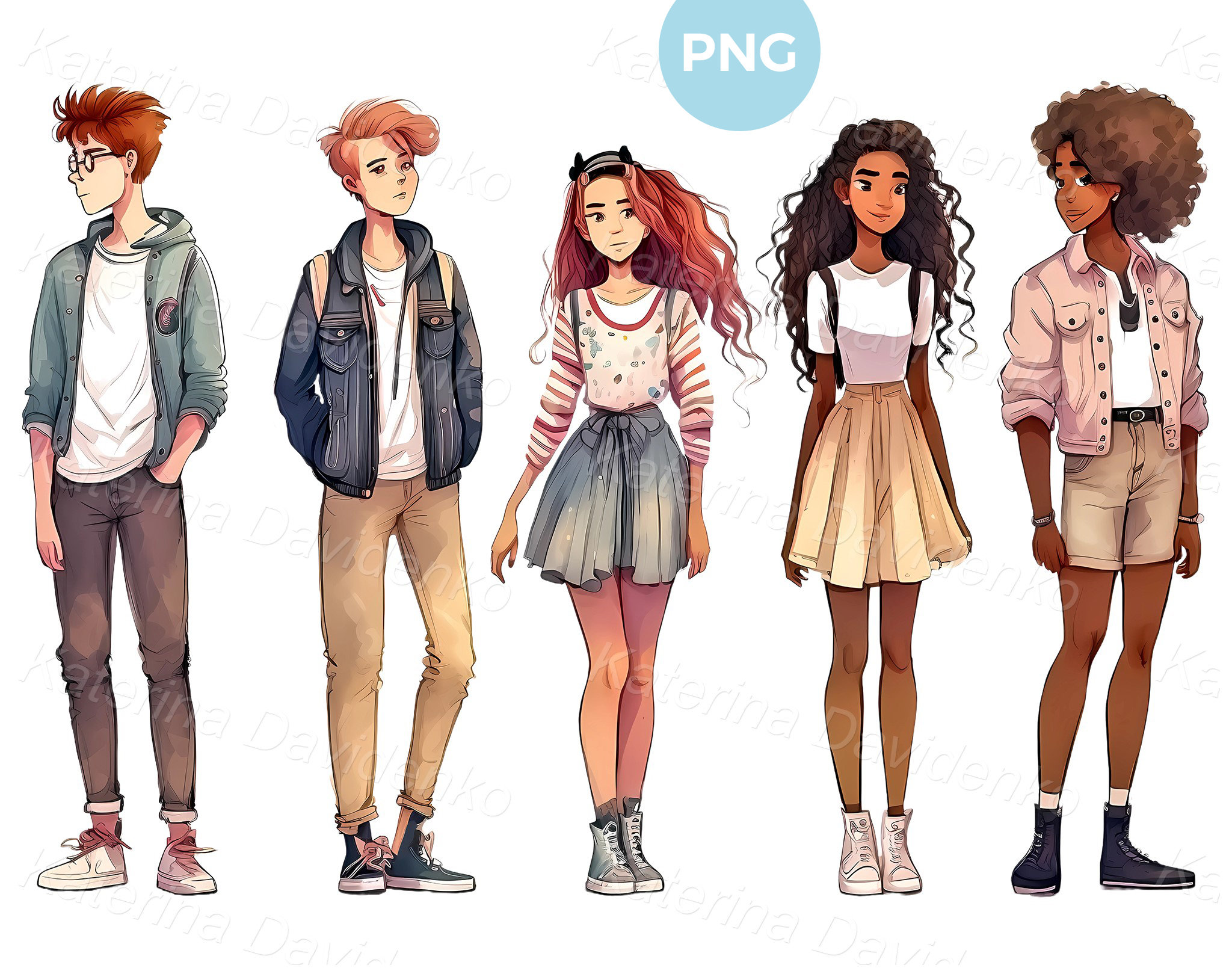 Watercolor Illustration of a Group of Fashionable Teenagers. Young Men ...