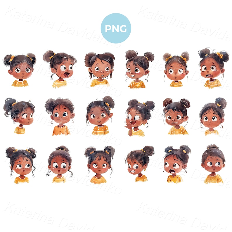 Cartoon Little African American Girl With Different Emotions, Face ...