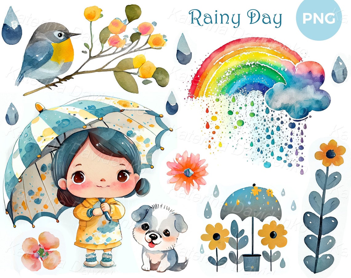 Set of Watercolor Season Weather Clipart Rainy Day Cartoon Cute Little ...